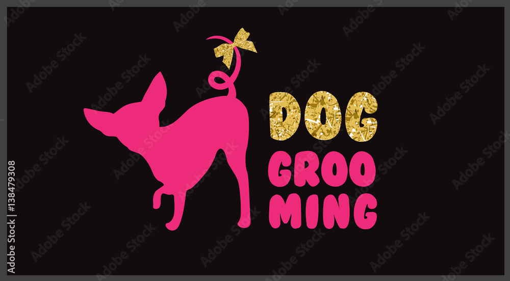 Pink dog silhouette with gold bow and gold letters. Logo for dog Stock ...
