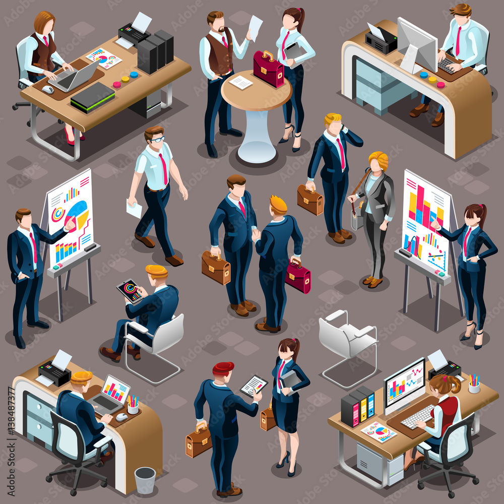 Trendy 3D isometric group of isolated bank business people. Employee ...