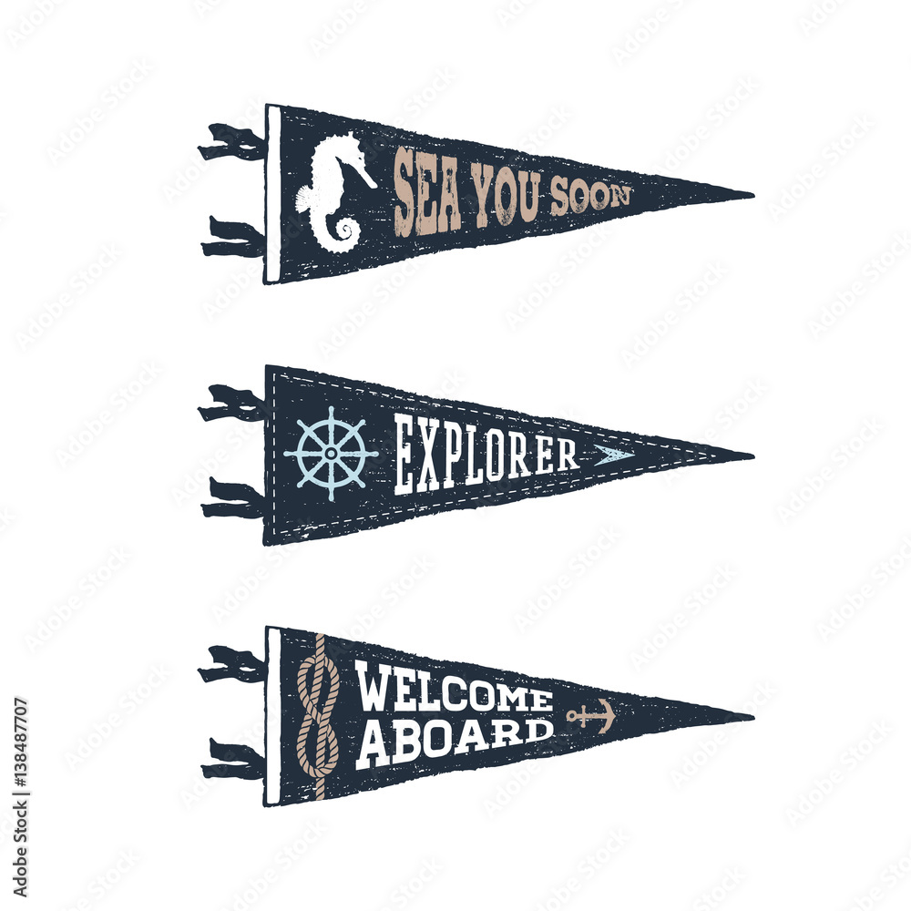 Hand drawn adventure pennant flags set. Vector illustrations and ...