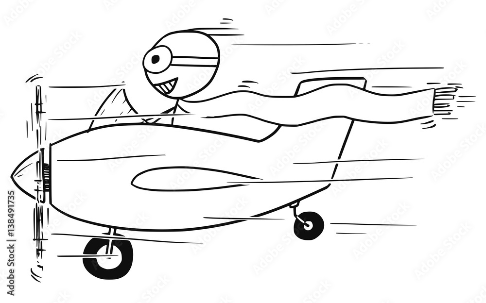 Vector Stickman Cartoon of Smiling Man Flying Small Aircraft Stock ...