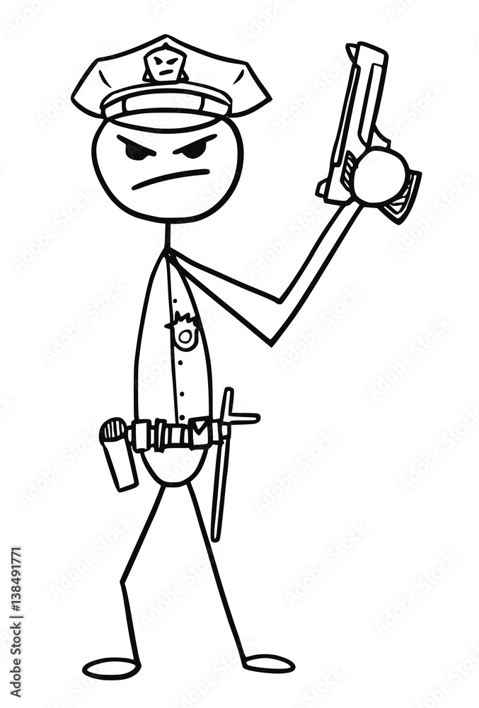 Vector Stickman Cartoon of Policeman Police Officer with Large Pistol ...