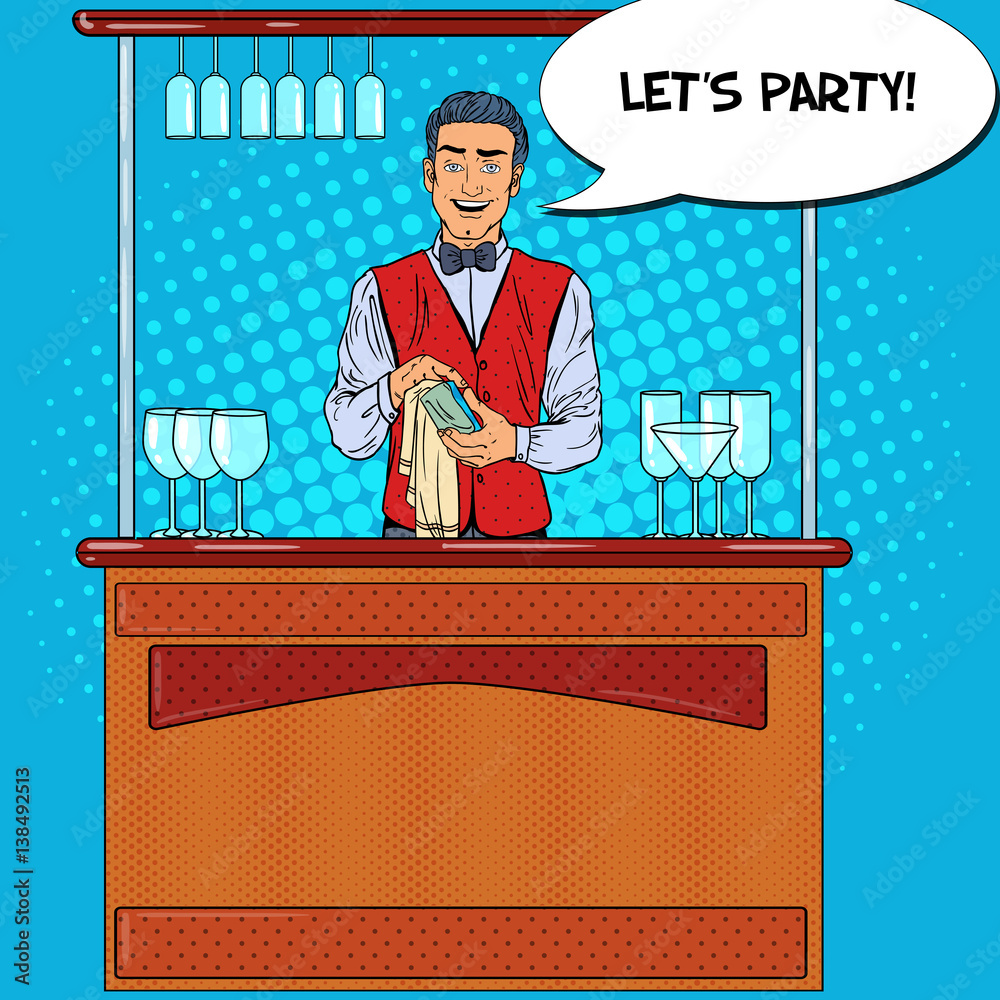 Pop Art Smiling Barman Wiping Glass in Nightclub Bar. Vector ...