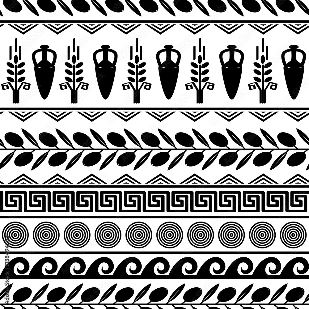 Seamless pattern with olives, wheat, amphora, and greek symbols. Stock ...