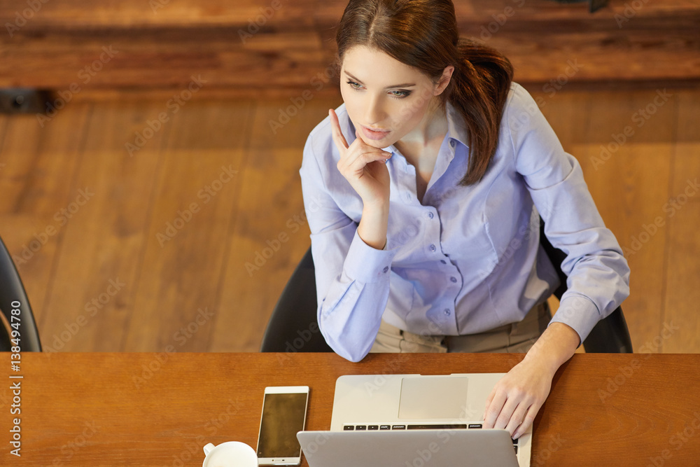 Top view of attractive business lady in formal clothes ,working and ...