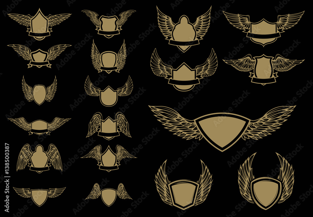 Set of winged emblems in golden style. Design element for logo, label ...