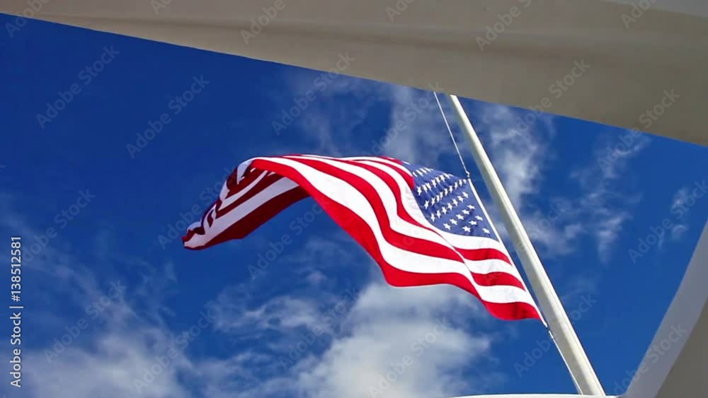 American Flag at memorial monument at Pearl Harbor of USS Arizona BB 39 ...