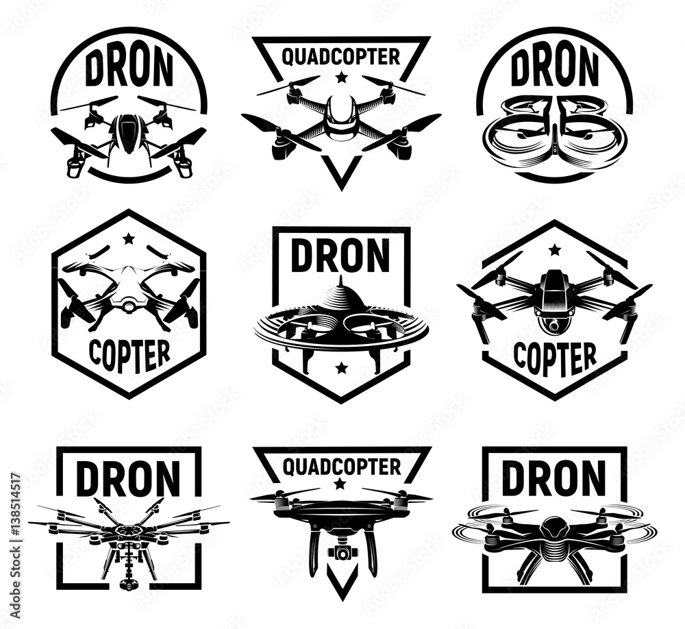 Isolated monochrome quadcopter icons in frames, rc drone logos ...
