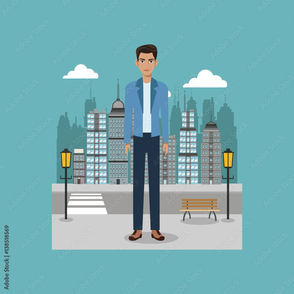 young guy standing street brench and lamp post city vector illustration ...
