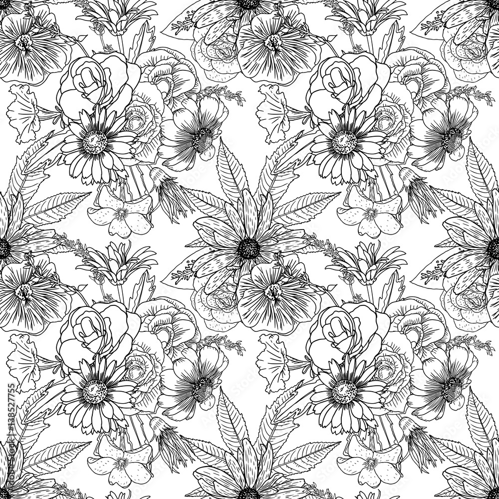 Black and white flower pattern for coloring. Endless floral drawing ...