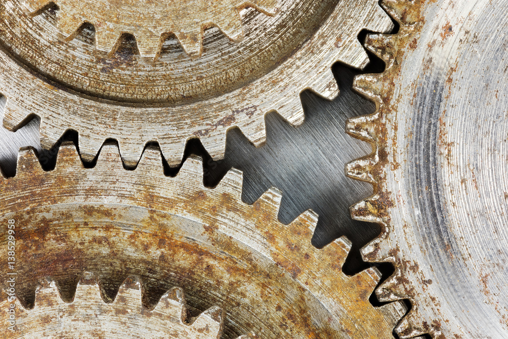 highly detailed view of metal rusty cogwheels on industrial background Stock Photo | Adobe Stock