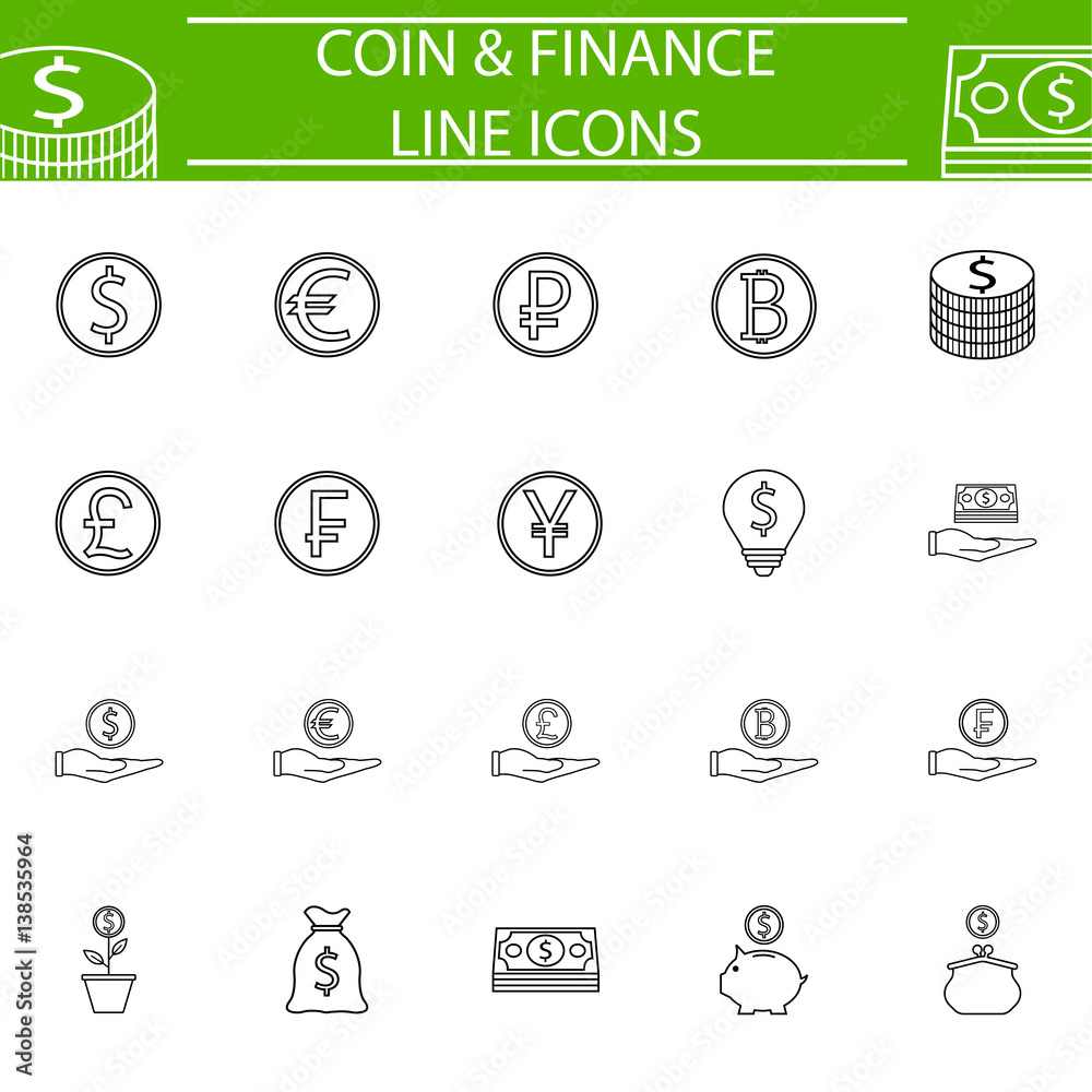 Coins line pictograms package, finance symbols collection, business ...