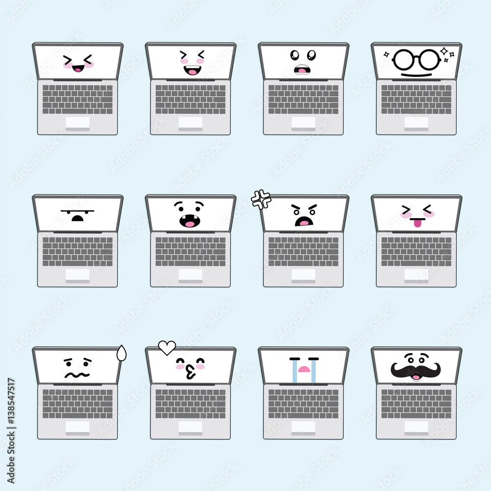 Smile emoji emoticon face in laptop with a lot of variation Stock ...