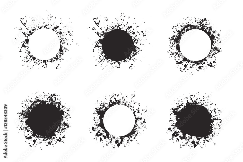 Splatter ink round frame backgrounds paints set with black splash on ...