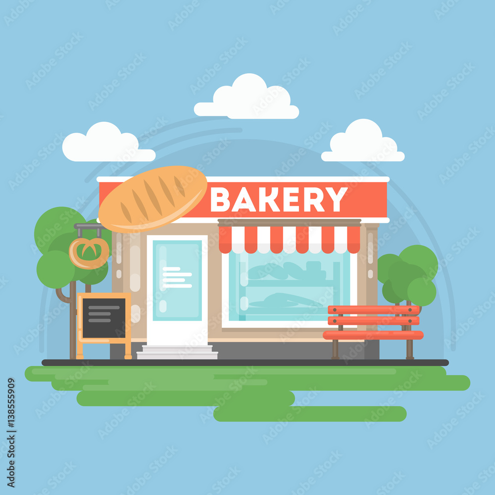 Bakery shop building with landscape. Storefront with bakery sig, bench ...