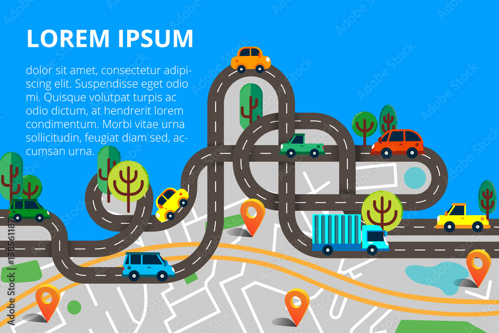 Colorful background with landscape, road and city map. Top view city ...