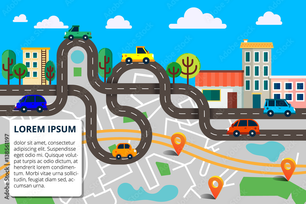 Colorful background with landscape, road and city map. Top view city ...
