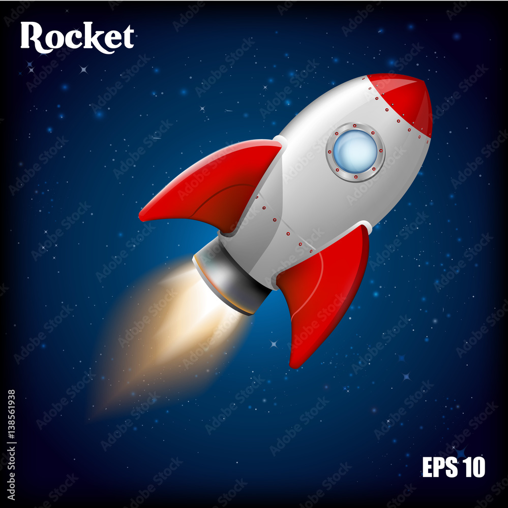 Rocket ship.Vector illustration with 3d flying rocket. Space travel to ...