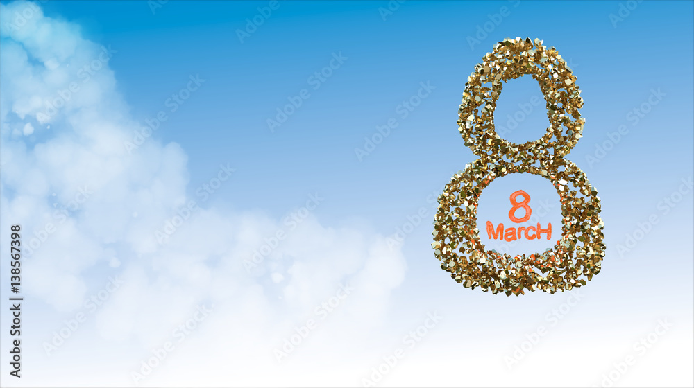 8 March symbol. Figure of eight made of golden stones flying in the ...