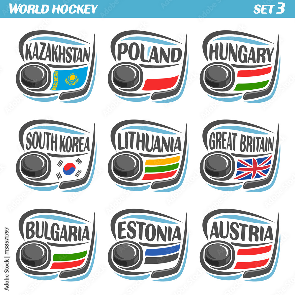 Vector set Flags of European Countries with Ice Hockey Puck: Logo ...