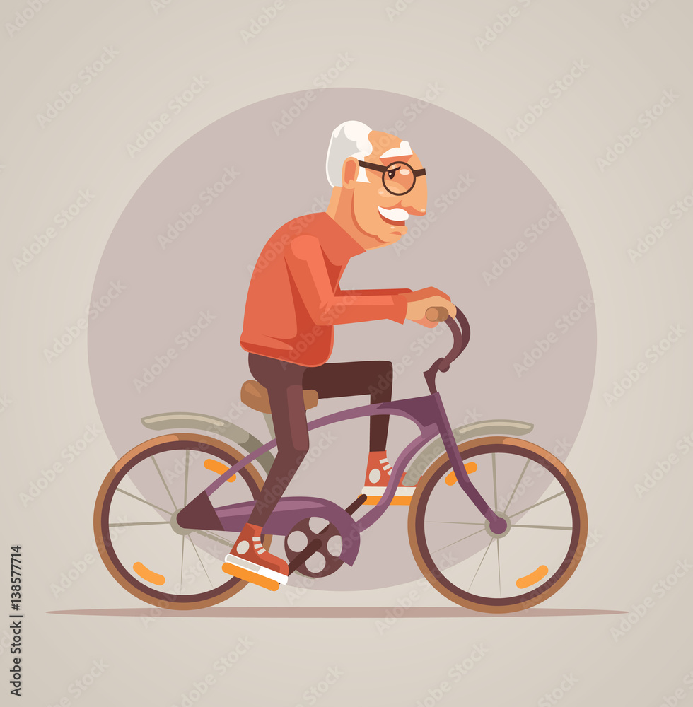 Grandfather character ride bike. Vector flat cartoon illustration Stock ...
