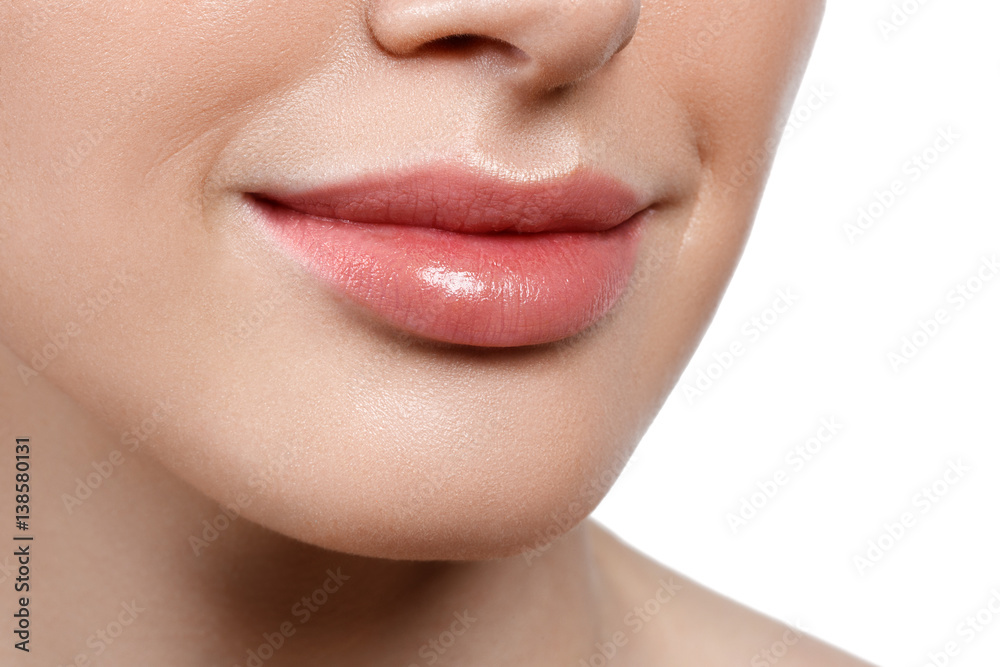 Perfect natural lip makeup. Close up macro photo with beautiful female ...