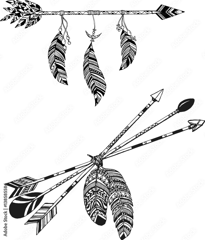 Tribal arrow set in ethnical pattern with feathers and wild flowers ...