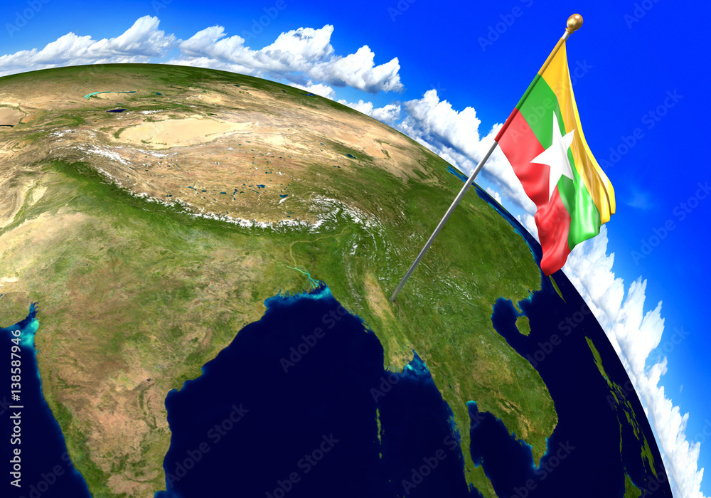 Myanmar national flag marking the country location on world map. 3D ...