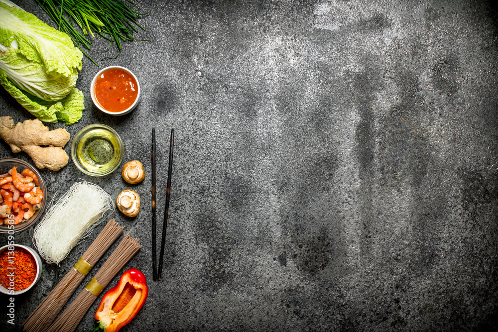 Asian food. Fresh ingredients for cooking Chinese food on a rustic ...