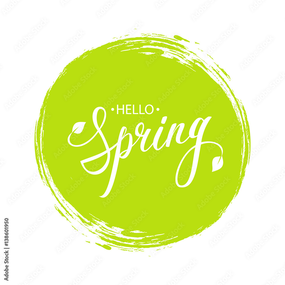 Handwritten phrase Hello Spring with leaves and green circle brush ...