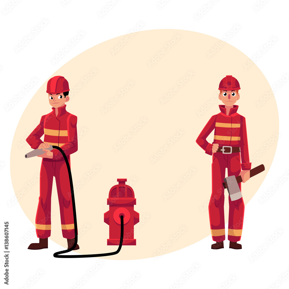 Firefighter, fireman in red protective suit holding fire hose and axe ...