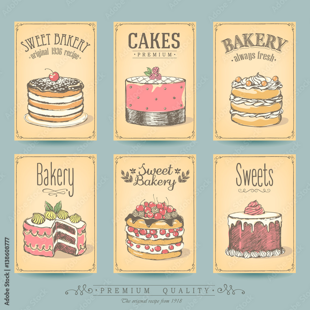 Card collection of hand-drawn cakes. Vintage posters of bakery sweet ...