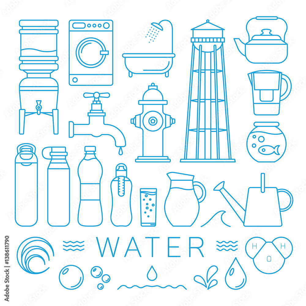 Water Elements Set In Thin Line Style. Vector Illustration With Symbols ...