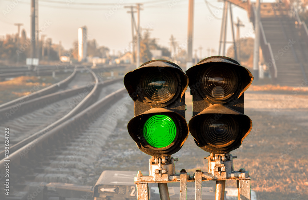Traffic light shows green signal on railway Stock Photo | Adobe Stock