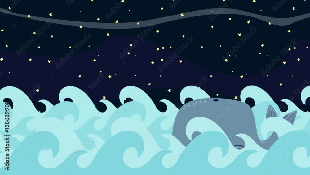 Cartoon Whale Swims in the Sea on a Starry Night Background Stock Video ...