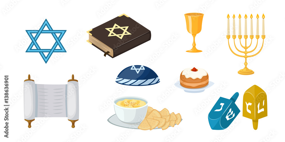 Judaism church traditional symbols icons set isolated hanukkah ...