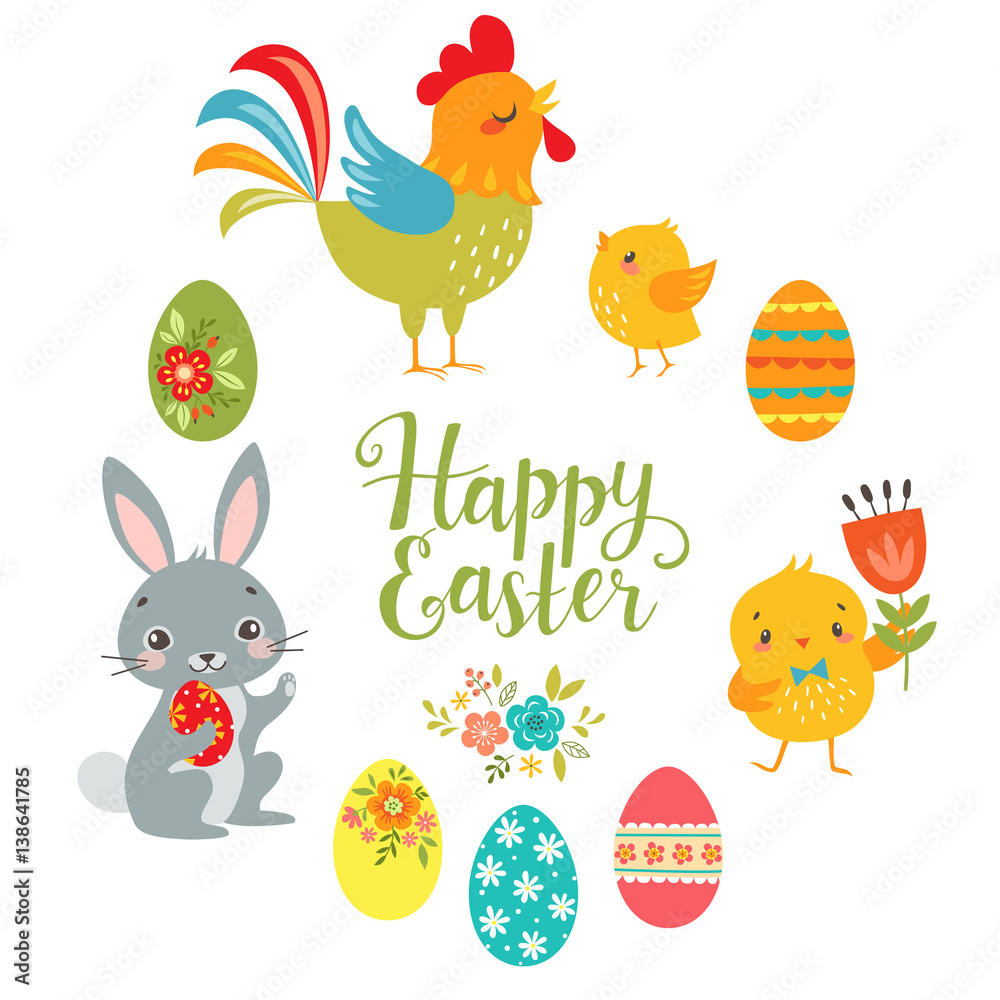 Set of cute Easter design elements: bunny, chicks, rooster, eggs and ...