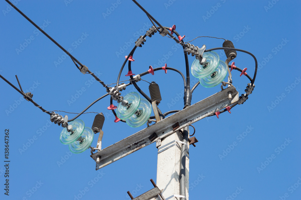High voltage tower electric post and wires on blue sky background Stock ...