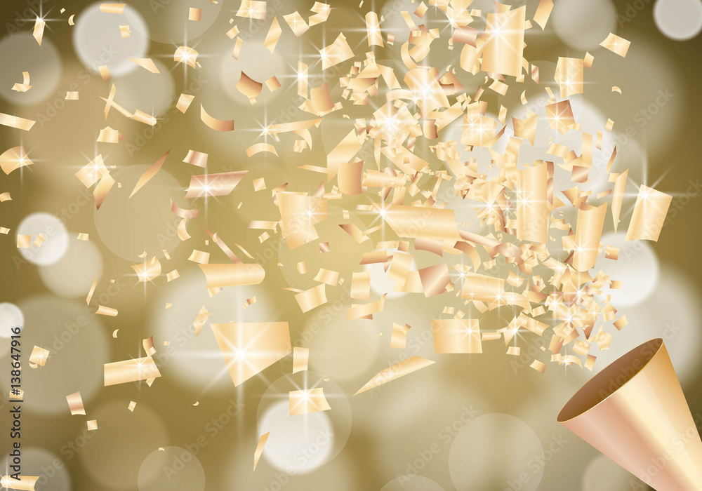 Exploding party popper on defocused blurred gold background Vector ...
