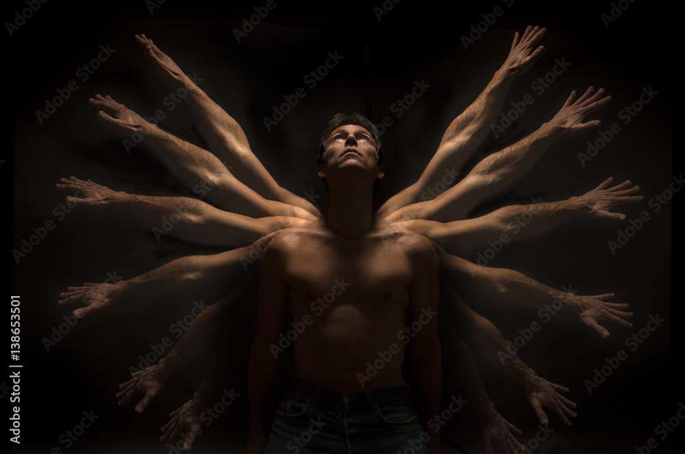 Handsome portrait of vitruvian man with many arms. Hinduism symbol ...