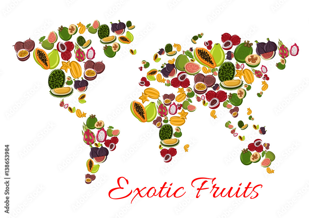 Exotic fruit world map poster with papaya, passion fruit, feijoa ...