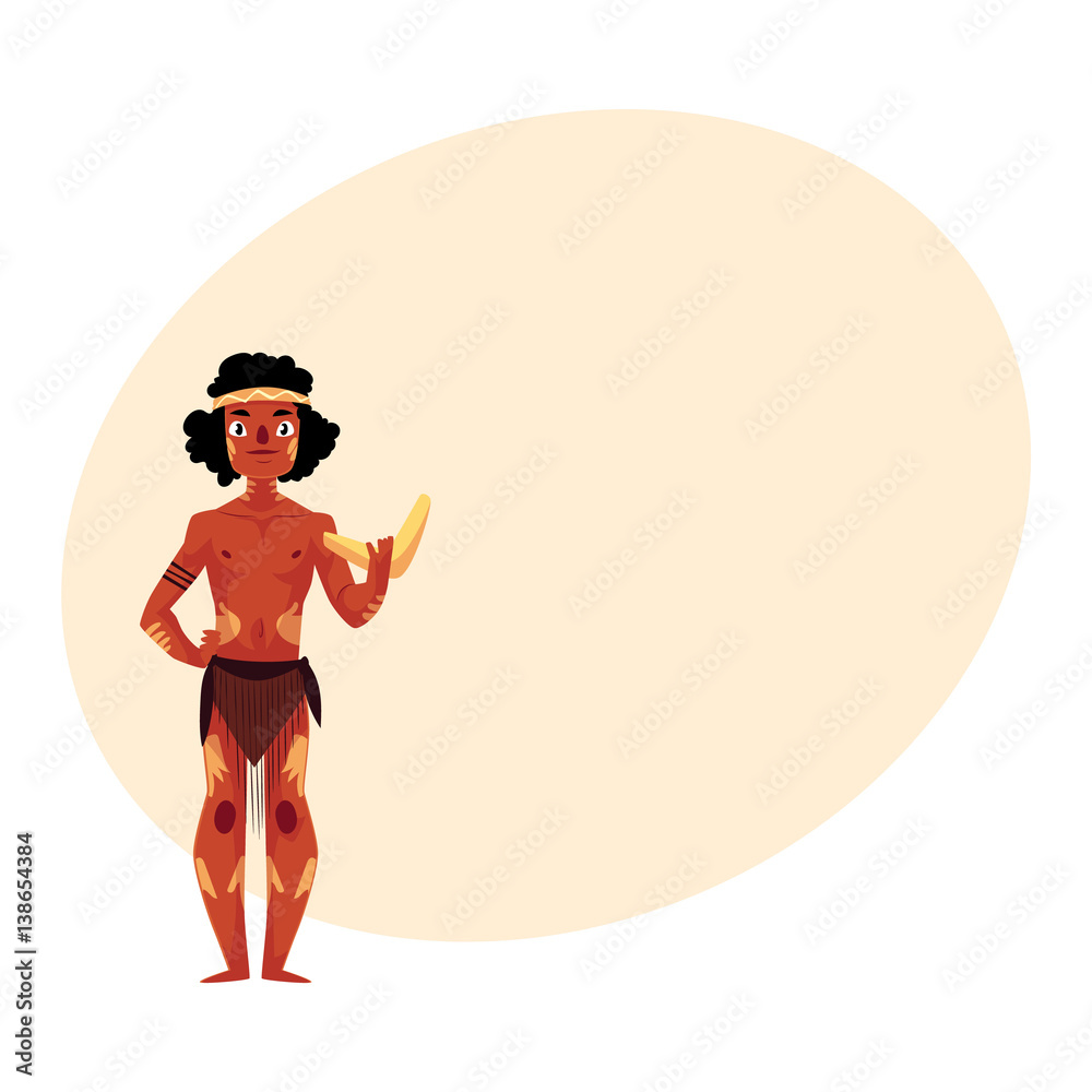Australian aborigine in loincloth and war paint holding boomerang ...