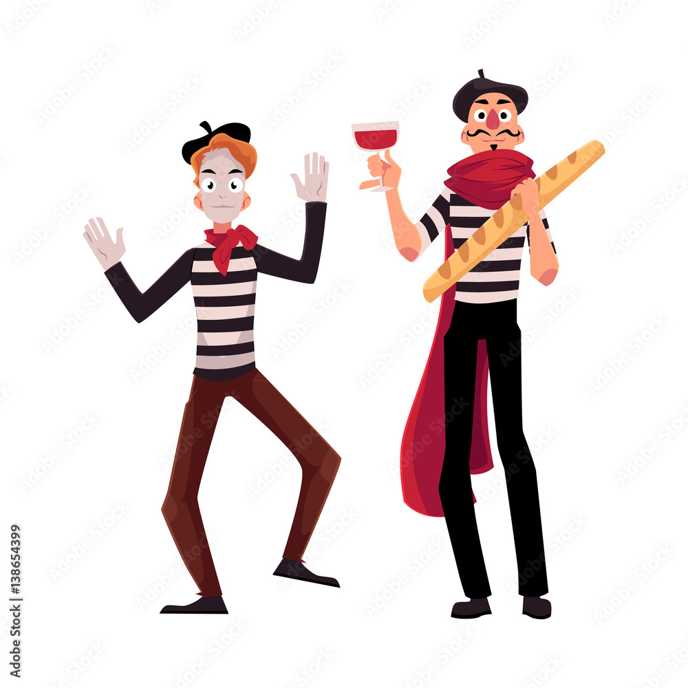 Two French mimes in traditional costumes, wine and baguette as symbols ...