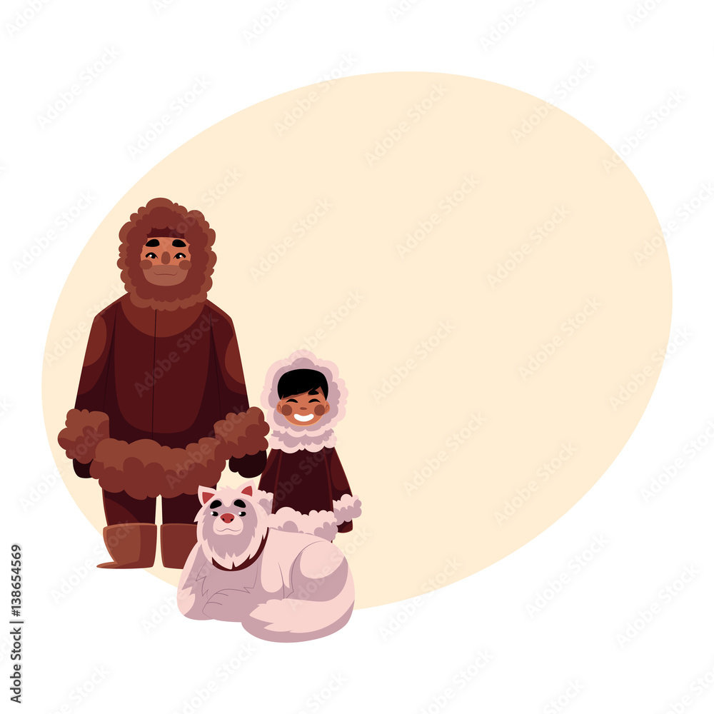 Eskimo, Inuit father and son in warm winter clothes with white fluffy ...