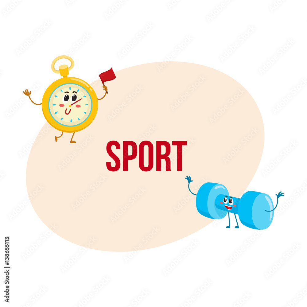 Funny stopwatch and dumbbell characters with human faces, sport ...