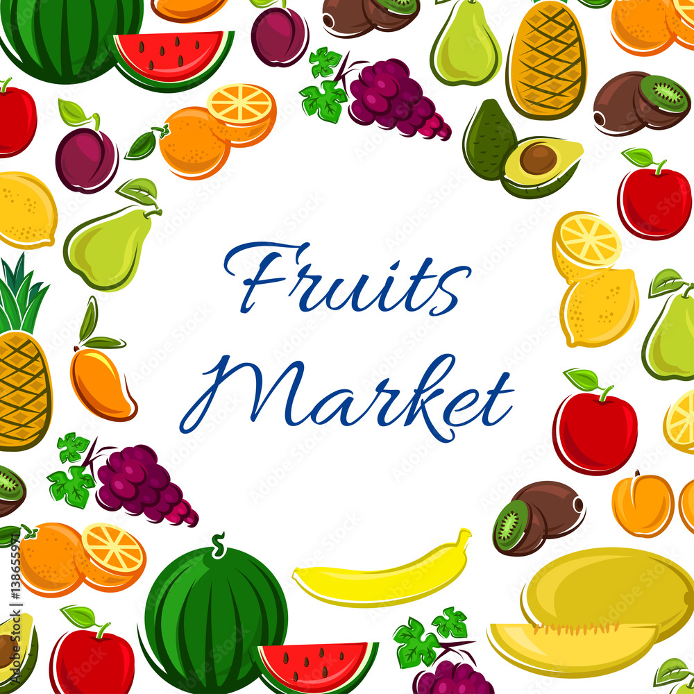Fruits icons banner in round shape for fruit market decoration design ...