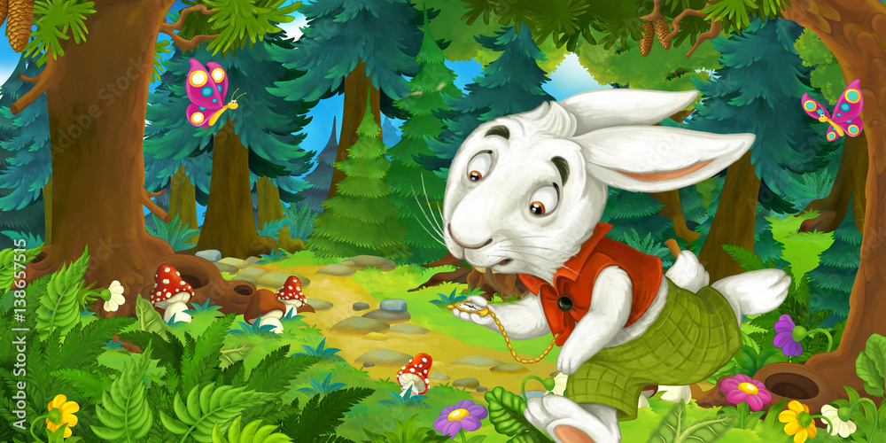 cartoon scene with running rabbit cheerful beautiful day Stock ...