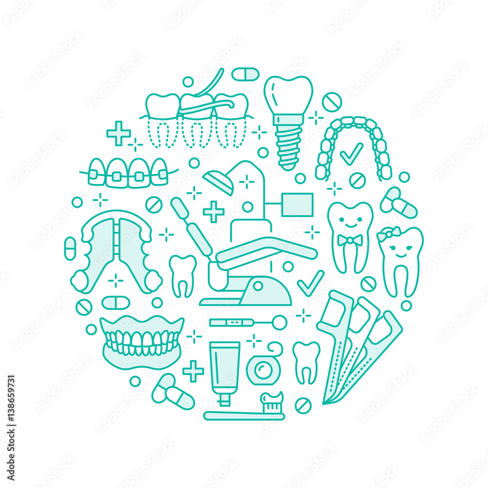 Dentist, orthodontics medical banner with vector line icon of dental ...