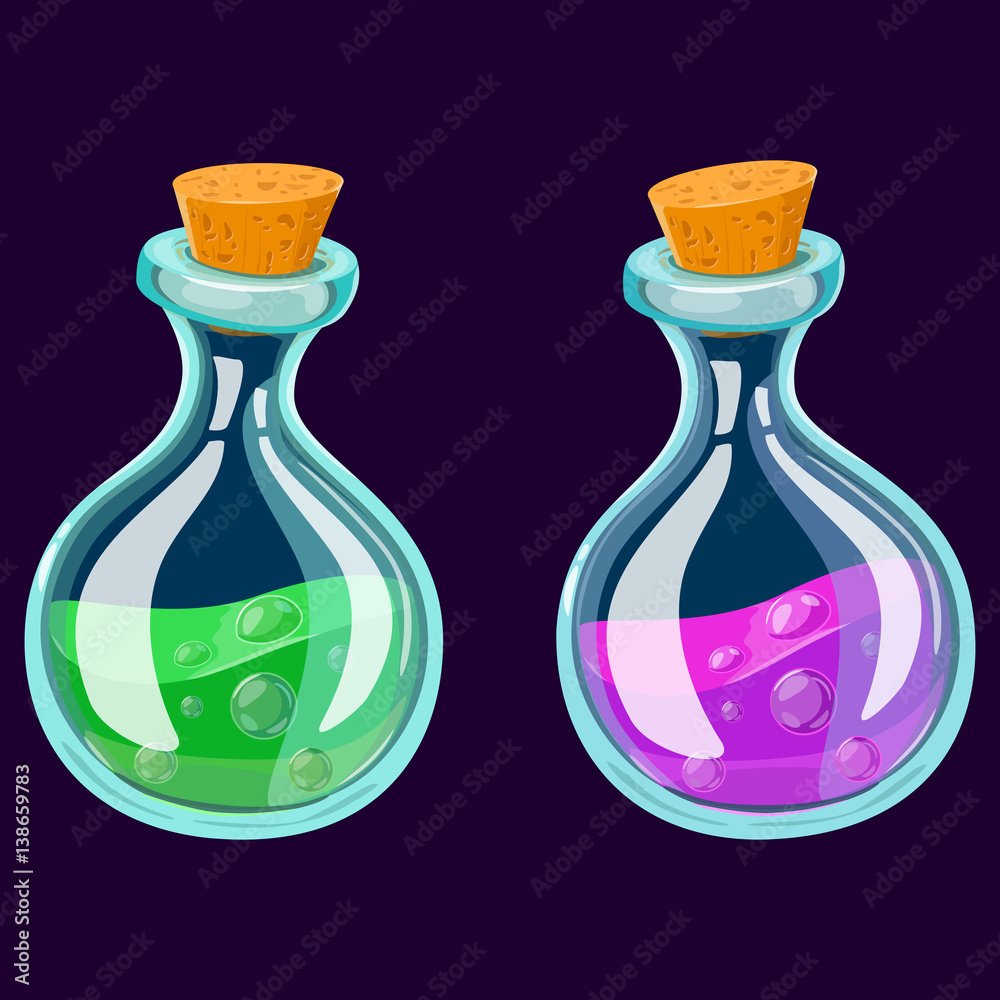 Set of Cartoon Potion Bottle. Glass flasks with colorful liquids isolated on a dark background ...