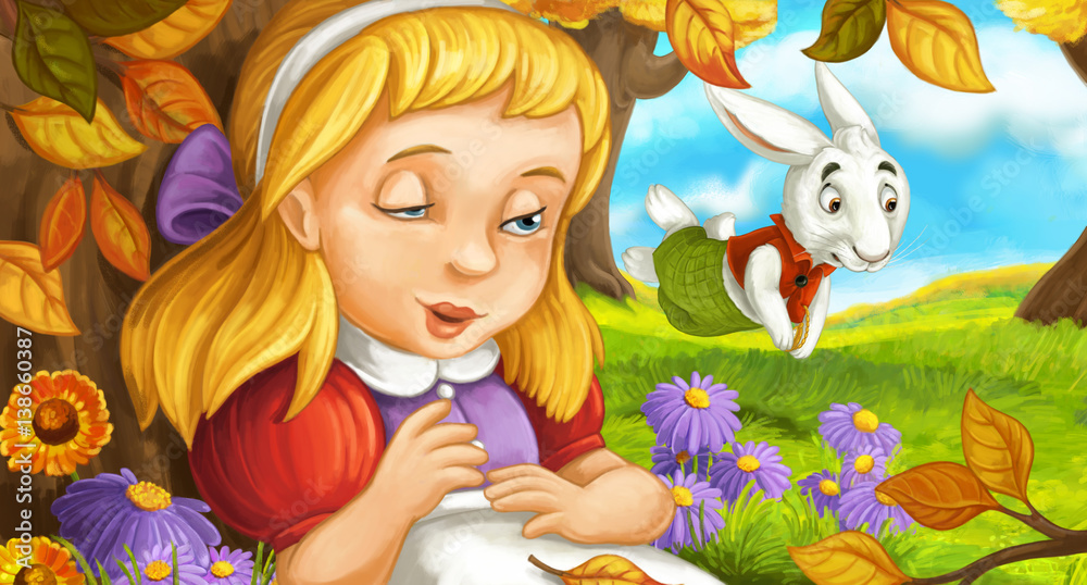 cartoon scene in the forest under the tree with young girl sleeping and ...