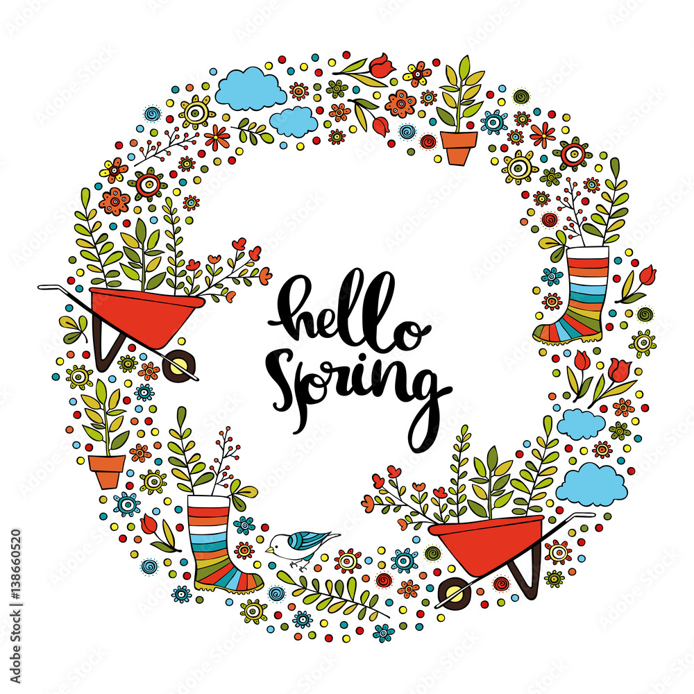Hello Spring. Spring pattern. Frame - wreath. Isolated vector objects ...